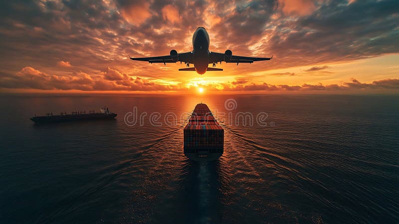Cargo Ship and Airplane Over Ocean at Sunset with Dramatic Clouds Stock ...