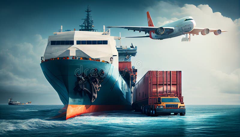Cargo Ship and Airplane in the Sea. Generative Ai Stock Illustration ...