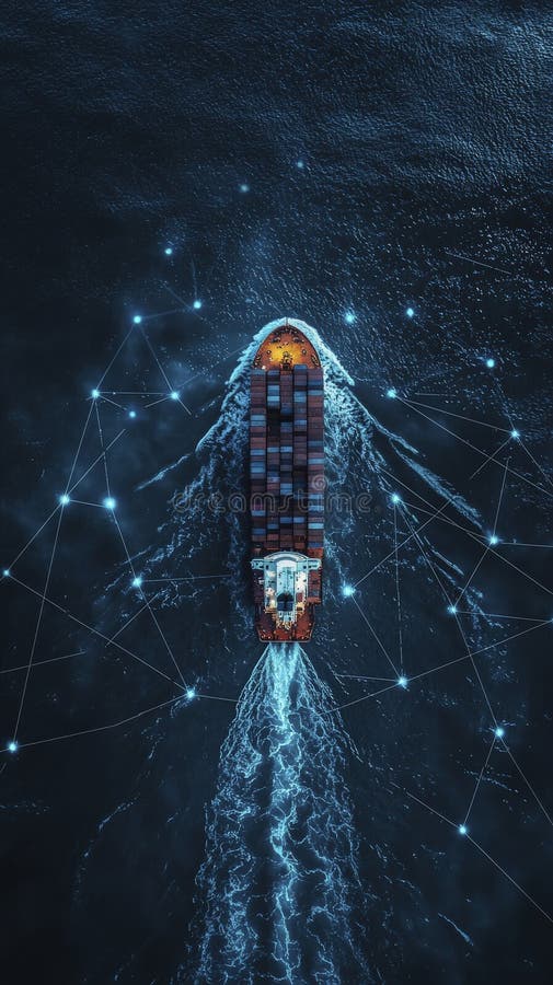 Cargo Ship Amid Networked Digital Ocean Elements Stock Illustration ...