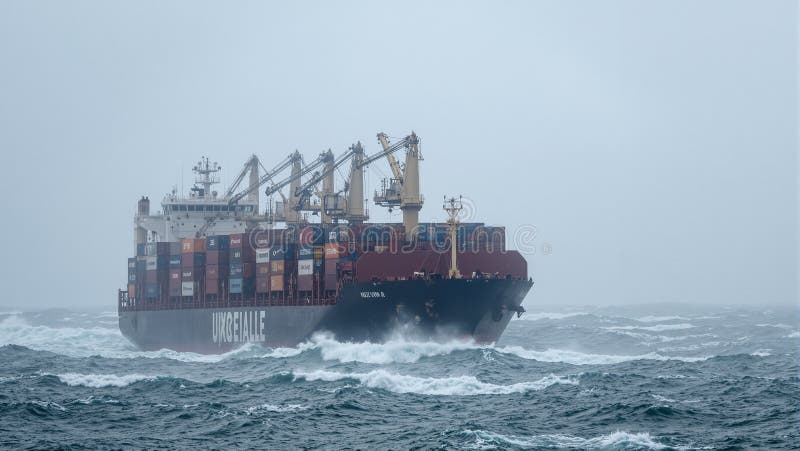 Cargo Ship Battling Stormy Seas with Cranes Bending in the Wind Rain ...