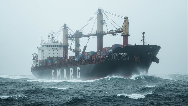 Cargo Ship Battling Stormy Seas with Cranes Bending in the Wind Rain ...