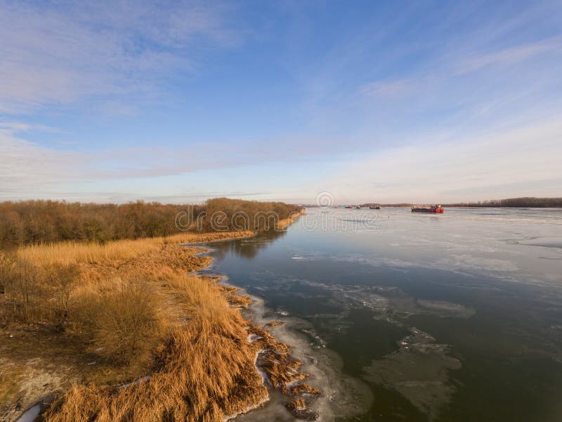 Cargo Ship in Beautiful Frozen River. Stock Image - Image of fuel ...