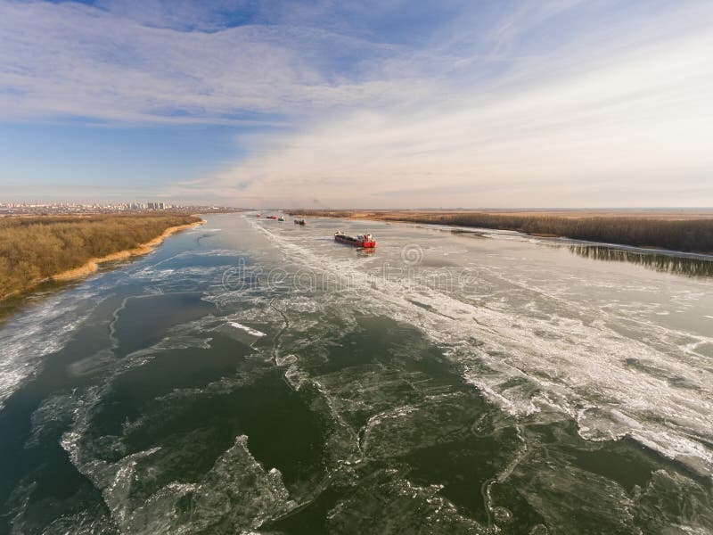 Cargo Ship in Beautiful Frozen River. Stock Image - Image of plant ...