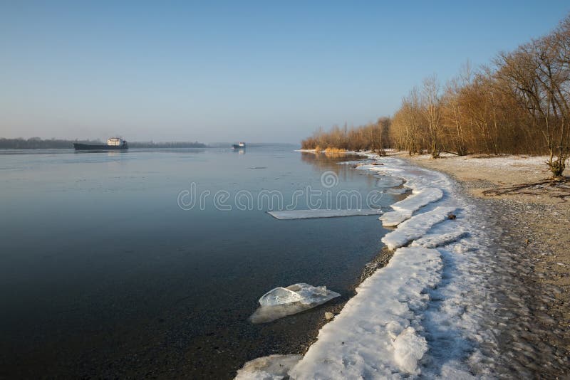 Cargo Ship in Beautiful Frozen River. Stock Image - Image of channel ...