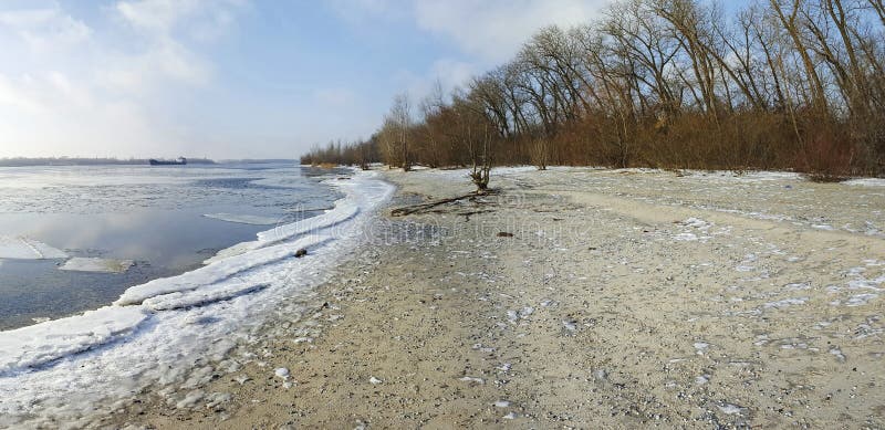 Cargo Ship in Beautiful Frozen River. Stock Photo - Image of generation ...