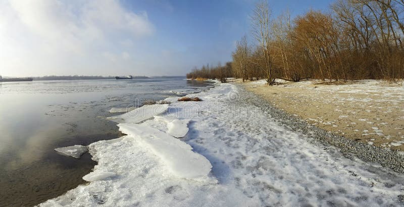 Cargo Ship in Beautiful Frozen River. Stock Photo - Image of generation ...