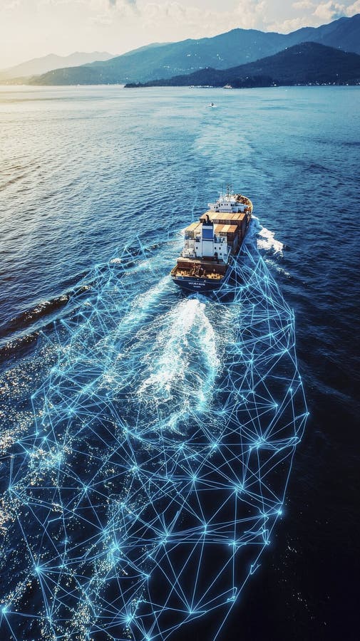 Cargo Ship with Blue Network on Ocean Surface Stock Illustration ...