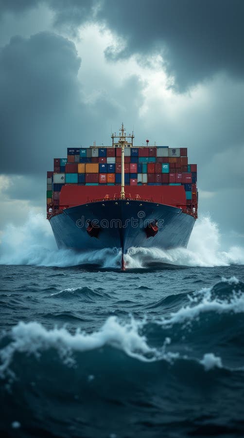 Cargo Ship Braving Stormy Seas Amid Looming Dark Clouds Stock Image ...