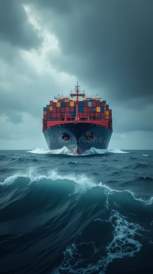 Cargo Ship Braving Stormy Seas Amid Looming Dark Clouds Stock Image ...
