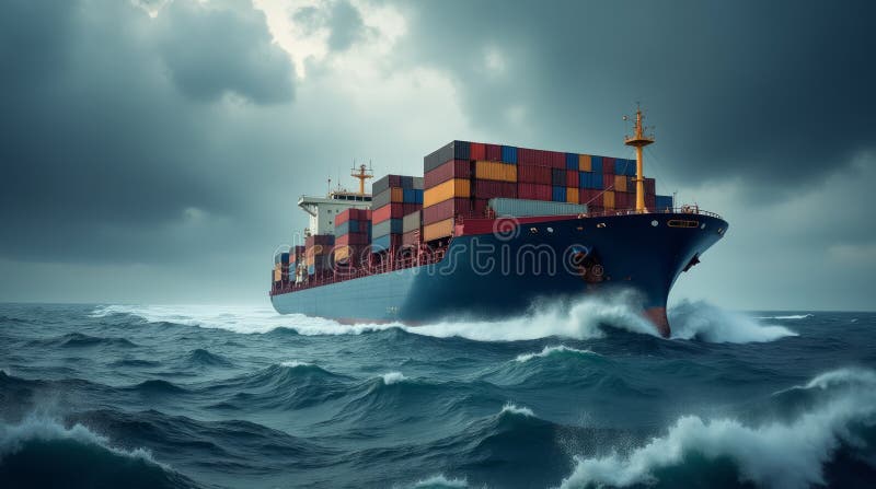 Cargo Ship Braving Stormy Seas Amid Looming Dark Clouds Stock Photos ...