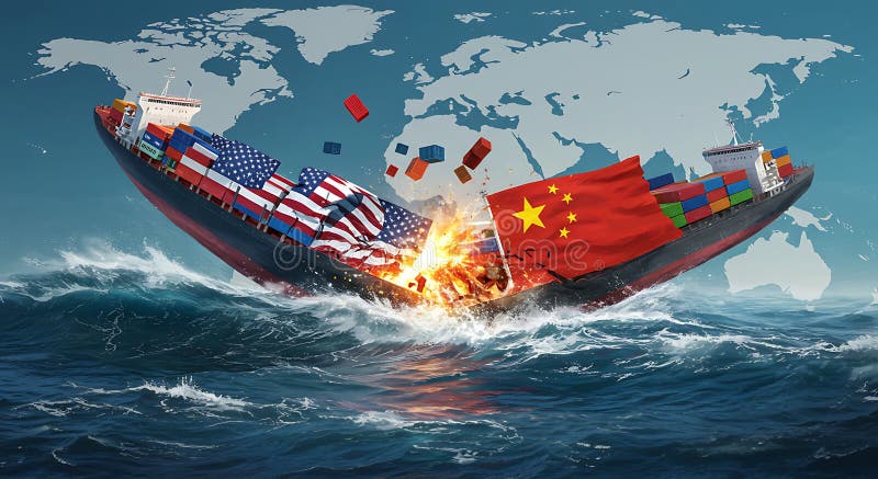 Cargo Ship Breaking in Half with International Flags and World Map ...
