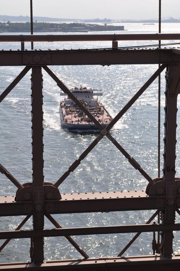 Cargo Ship from the Brooklyn Bridge. Stock Image - Image of america ...