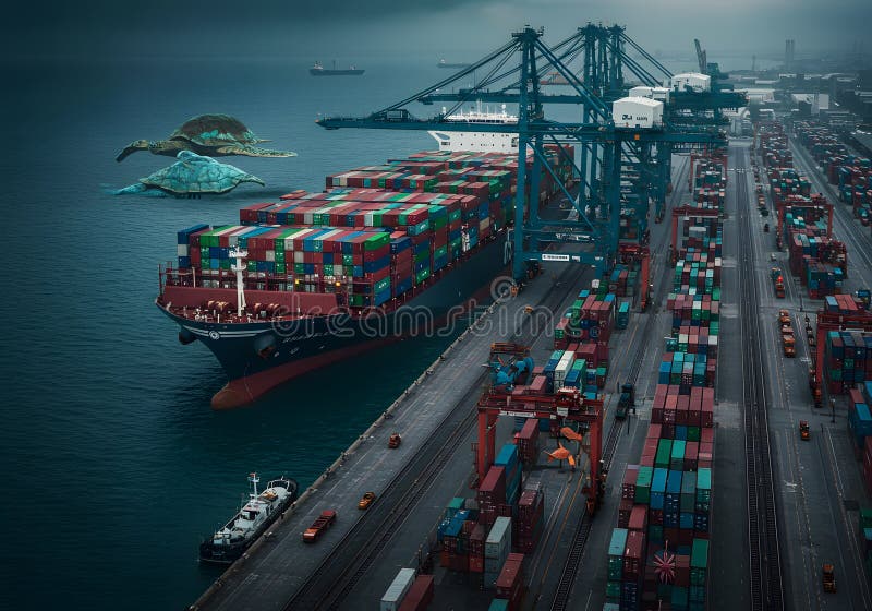 Cargo Ship at Busy Port with Container Cranes Stock Illustration ...