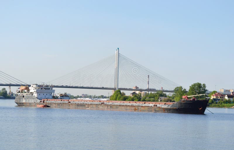 Cargo Ship and Cable-braced Bridge Stock Photo - Image of commercial ...