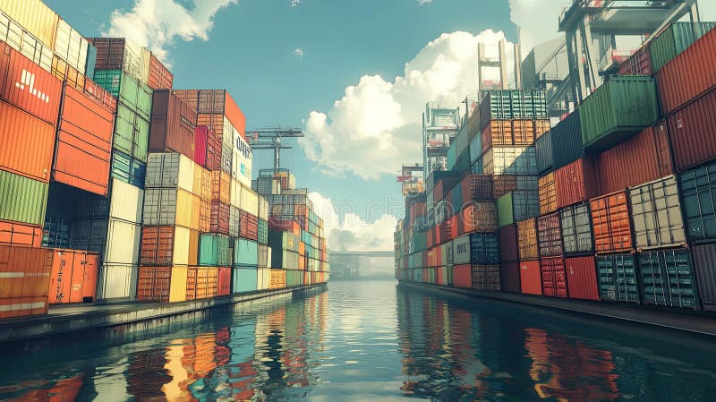 Cargo Ship in a Calm Canal, Containers Towering High Pic Stock Image ...