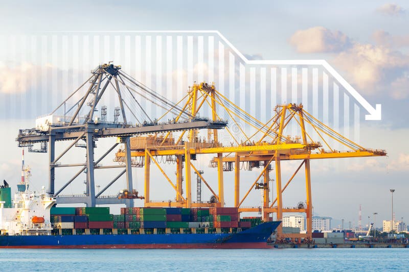 Cargo Ship, Cargo Container and Crane at Port. Concept of Decrease ...