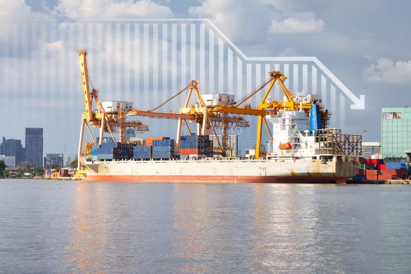 Cargo Ship, Cargo Container and Crane at Port. Concept of Decrease ...