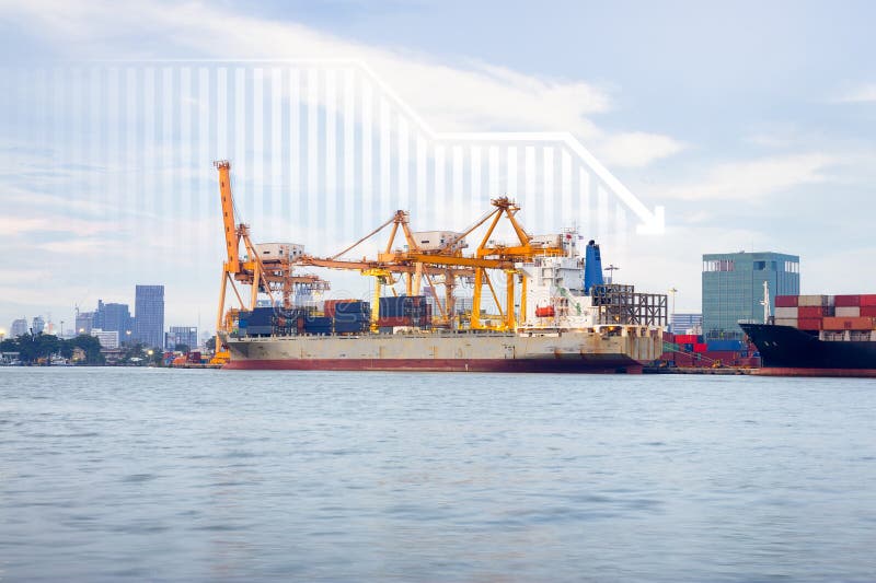 Cargo Ship, Cargo Container and Crane at Port. Concept of Decrease ...