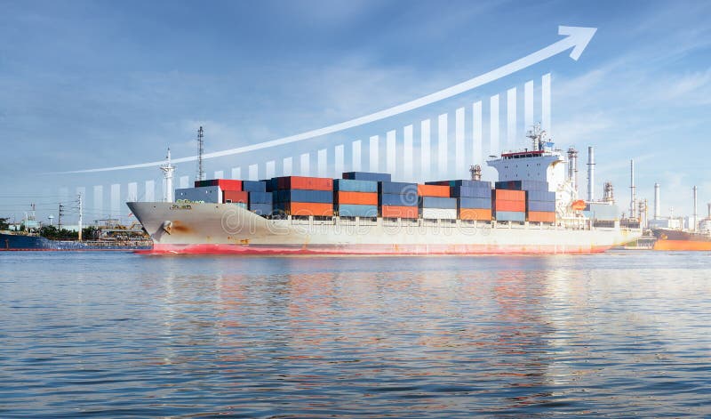 Cargo Ship at Port with Concept of Growth Market. Stock Image - Image ...