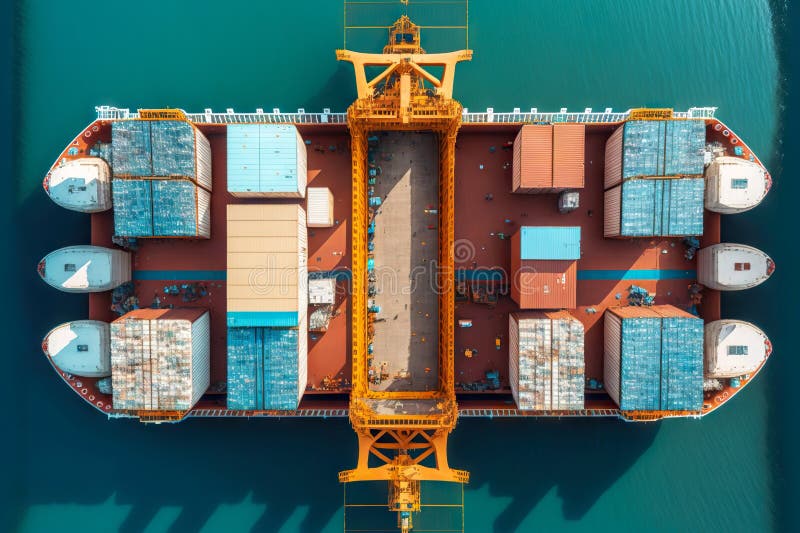 Cargo Ship with Container-filled Deck in Cargo Port Stock Illustration ...