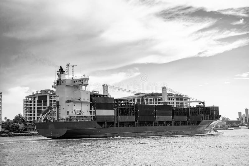 Cargo Ship with Container in Miami. Container on Barge at Port Miami ...