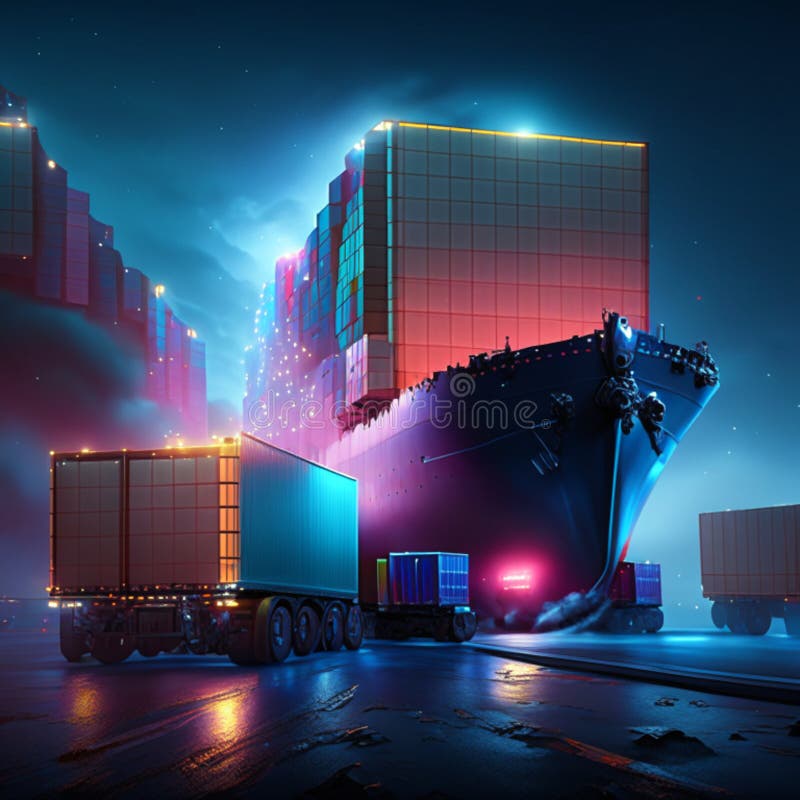 Cargo Ship and Container on the Road at Night. 3D Rendering AI ...