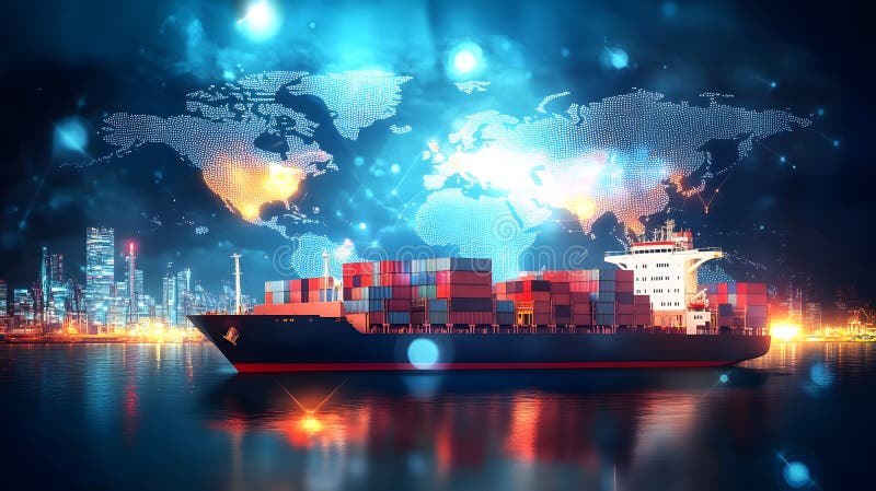 Global Shipping Container Cargo Ship with World Map Illustration Stock ...