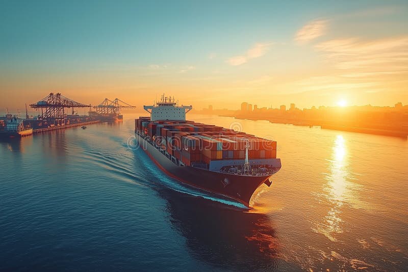 Cargo Ship with Containers Leaves the Port Against the Backdrop of a ...