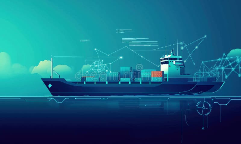 Cargo Ship with Containers Navigating Digital Waters, Showcasing Modern ...