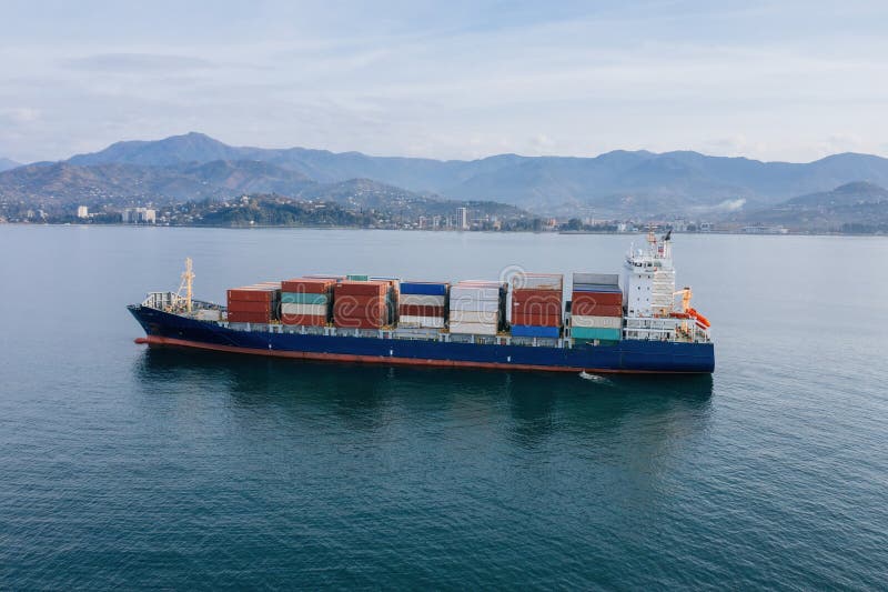 Cargo Ship with Containers in the Open Sea, Aerial Drone View Stock ...