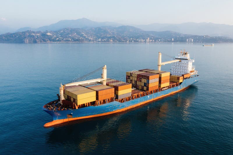 Cargo Ship with Containers in the Open Sea, Aerial Drone View Stock ...