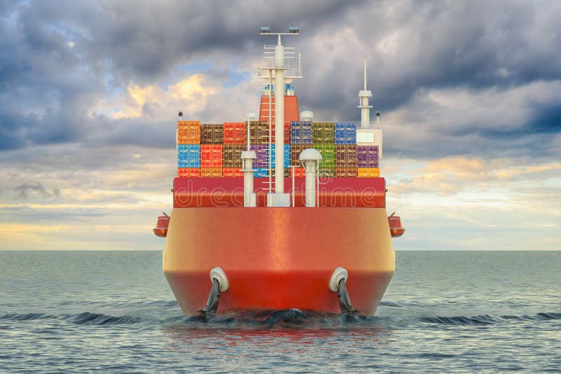 Cargo Ship with Cargo Containers Sailing in Ocean, 3D Rendering Stock ...