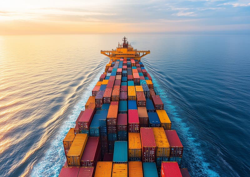 A Cargo Ship with Containers Stacked in Neat Rows Moves Along the Calm ...