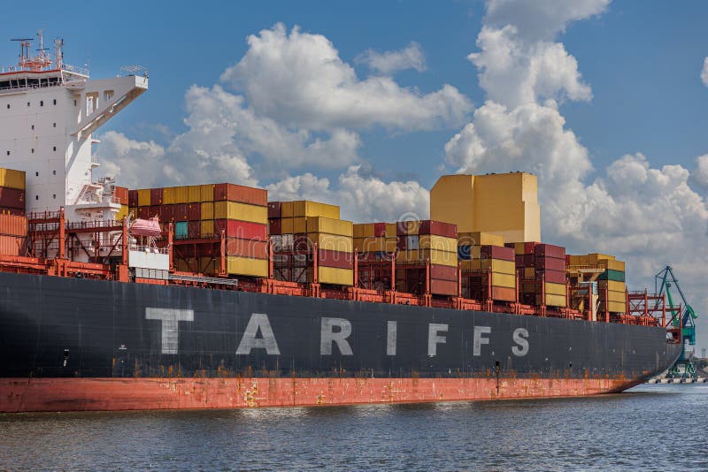 Cargo Ship with Containers and the Word TARIFFS on Its Side ...