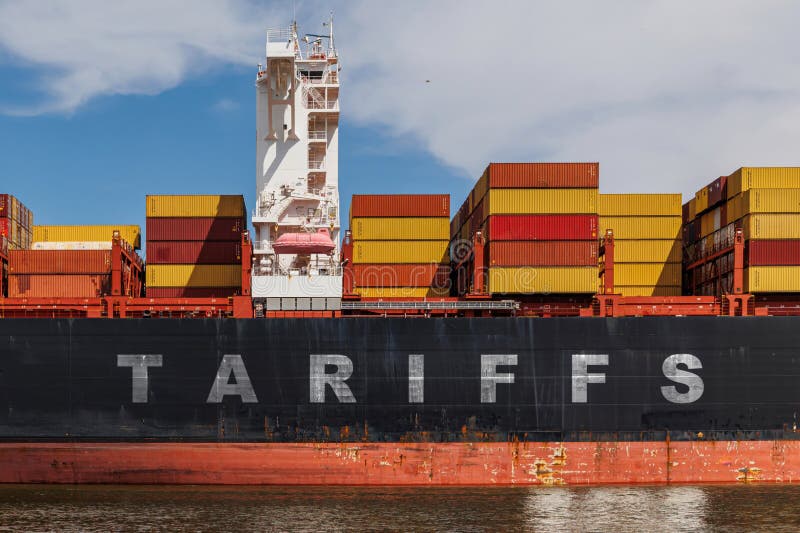 Cargo Ship with Containers and the Word TARIFFS on Its Side ...