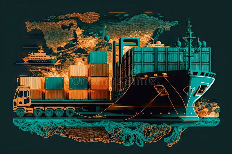 Cargo Ship with Containers on the World Map Background Stock ...