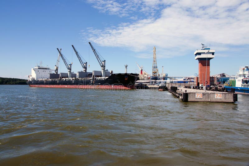 Cargo Ship and Control Tower in Sea Port Stock Photo - Image of kanal ...