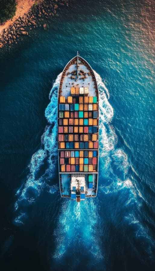 Cargo Ship Cutting through the Water, Aerial View from Above of a ...