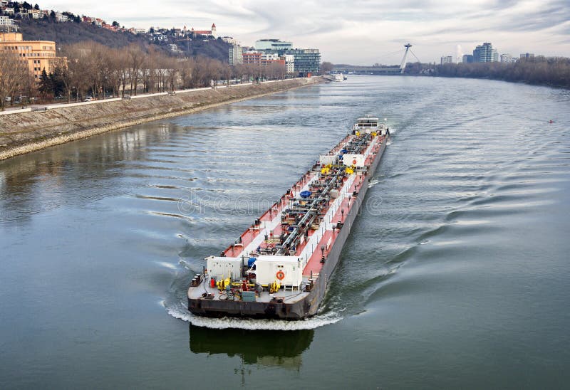 Cargo ship on the Danube stock image. Image of danube - 208229053