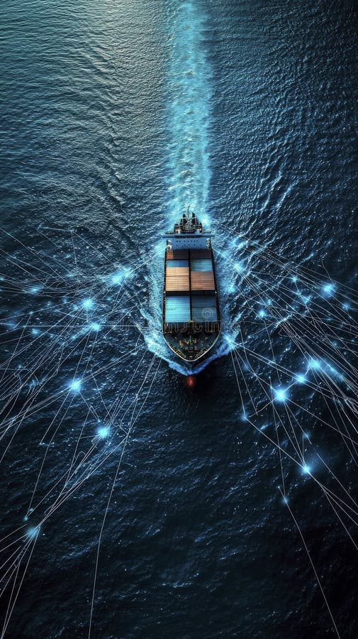 Cargo Ship with Digital Connectivity Along Its Path Stock Illustration ...