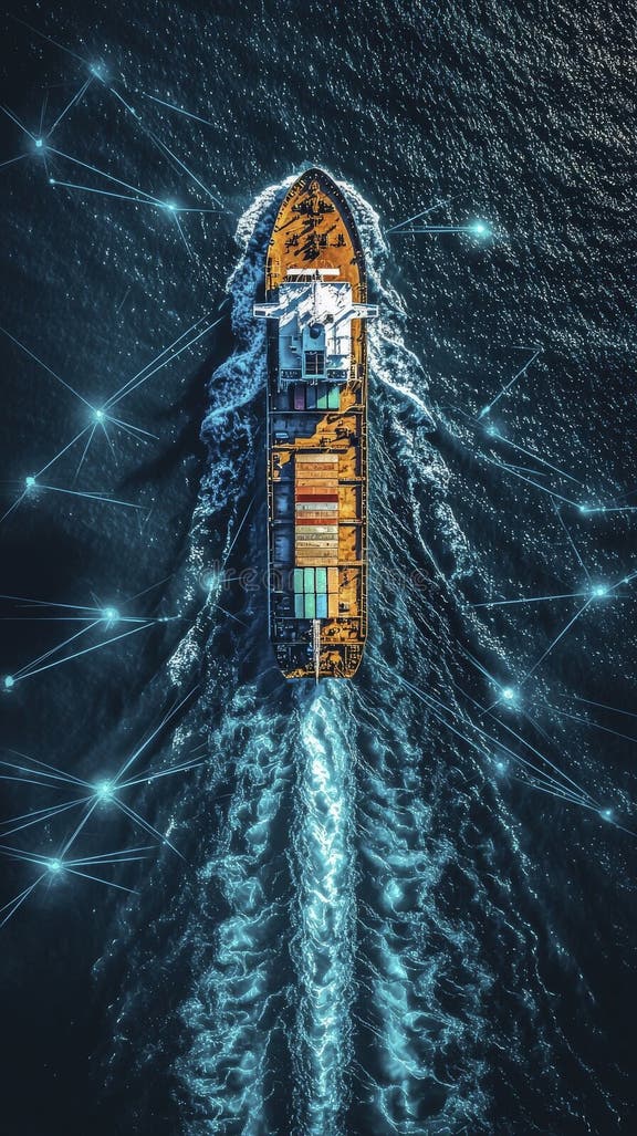 Cargo Ship with Digital Network Illuminated Ocean Paths Stock ...