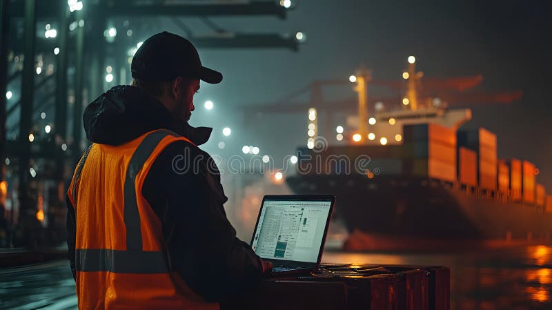 Cargo Ship Dock Worker Using Laptop at Night Stock Illustration ...