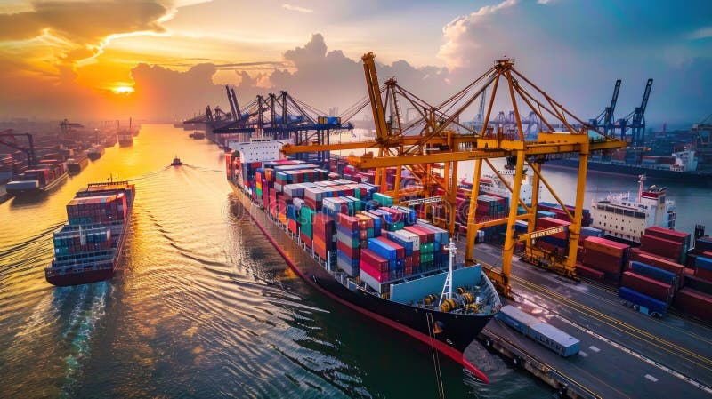 Cargo Ship Docked at Port with Cranes Loading Containers Concept Global ...