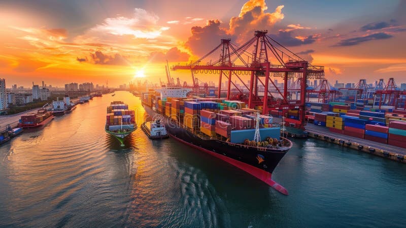 Cargo Ship Docked at Port with Cranes Loading Containers Concept Global ...