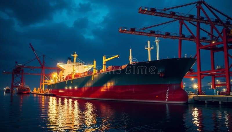 Cargo Ship Docked at Port at Night with Loading Cranes Nearby Stock ...