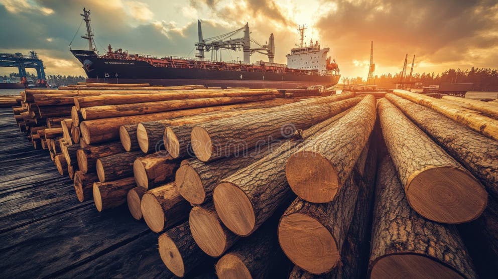 Cargo Ship Docked at Port with Timber Logs at Sunset Stock Photo ...