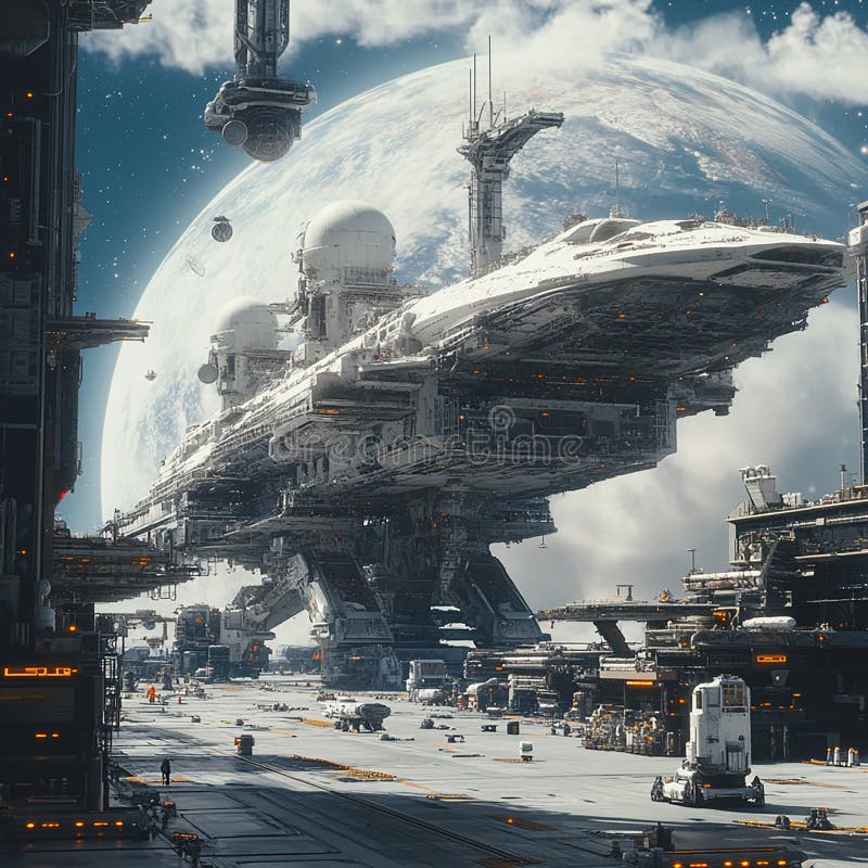 Cargo Ship Docking at Spaceport Stock Illustration - Illustration of ...