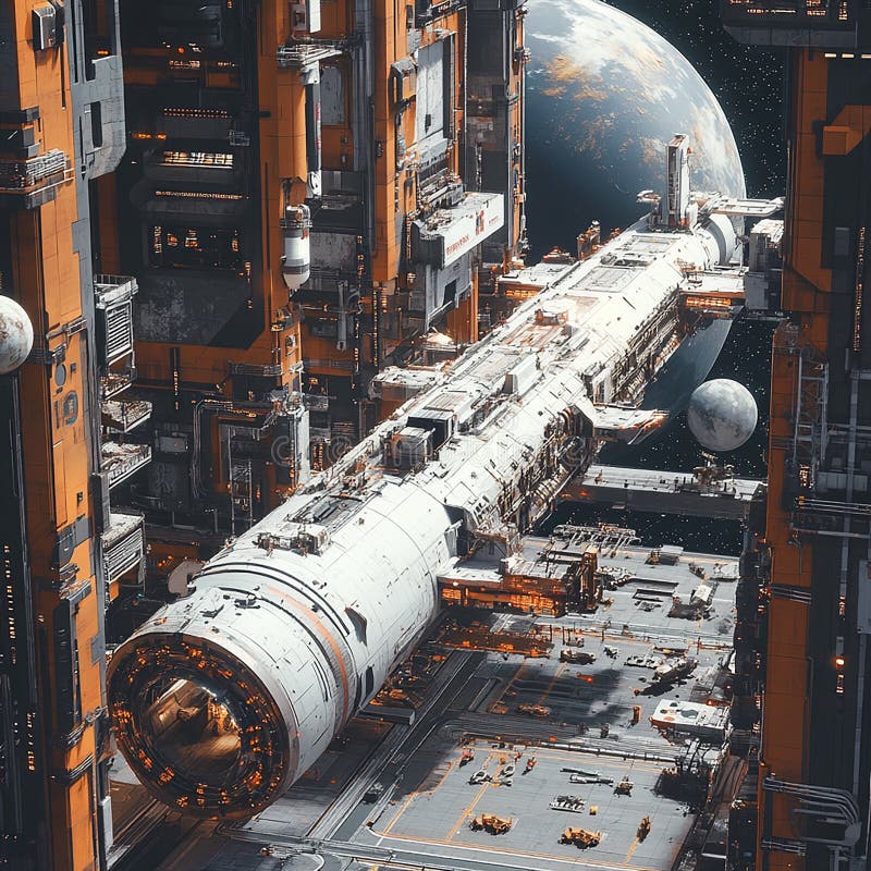 Cargo Ship Docking at Spaceport Stock Illustration - Illustration of ...