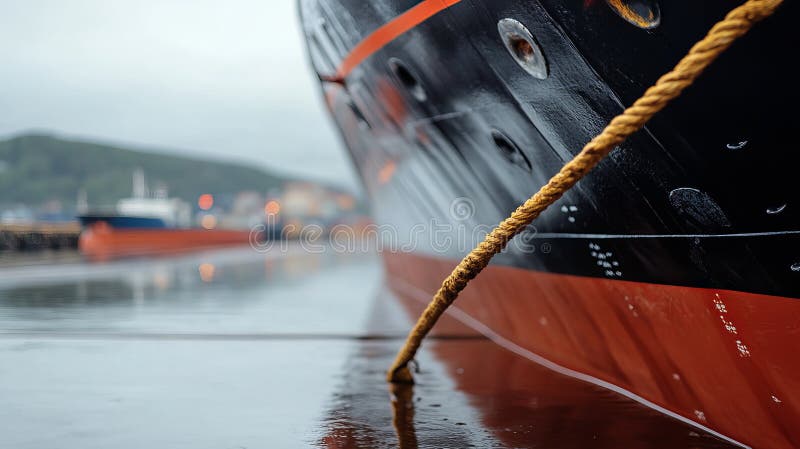 Cargo Ship Docking at Port with Reflection on Wet Ground in Global ...