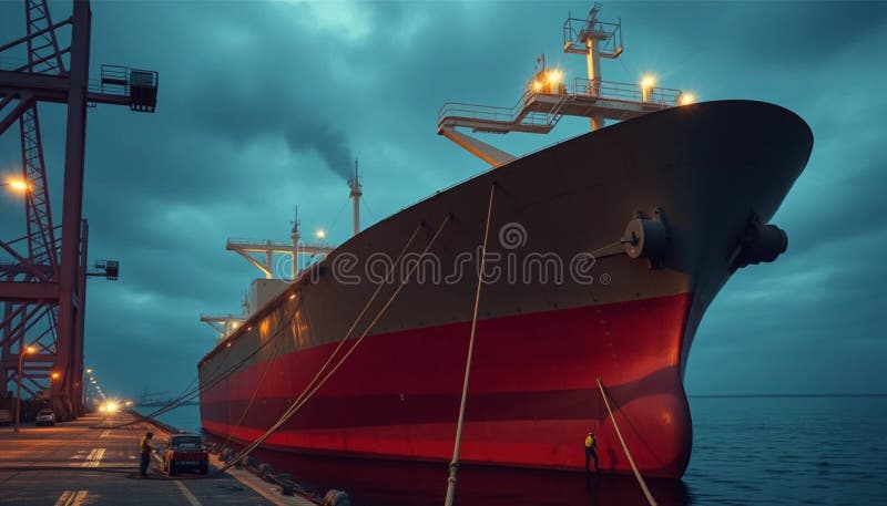 Cargo Ship Docking at Port Terminal on Cloudy Night for Unloading Stock ...